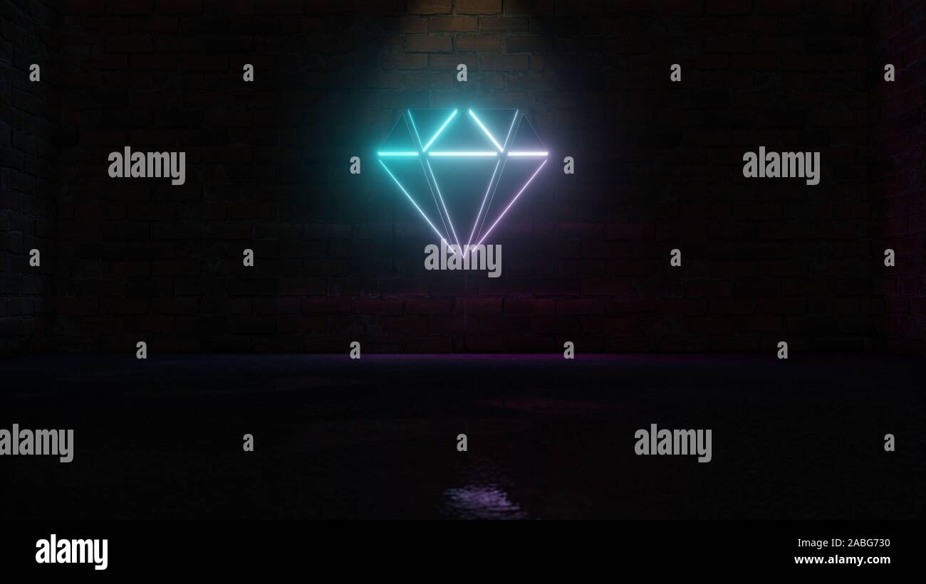 3d Rendering Of Blue Violet Neon Symbol Of Precious Stone Cut On Dark Brick Wall Background With