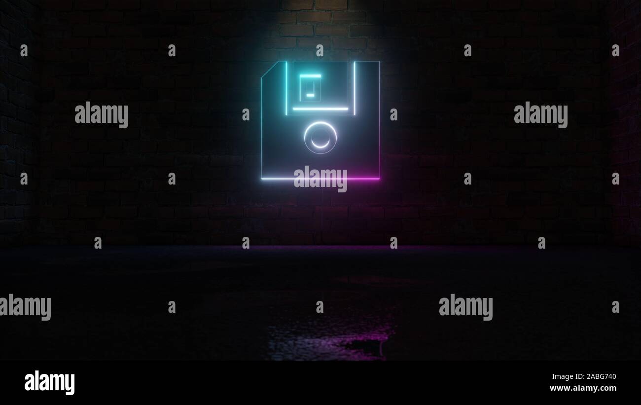 3D rendering of blue violet neon symbol of floppy disc on dark brick ...