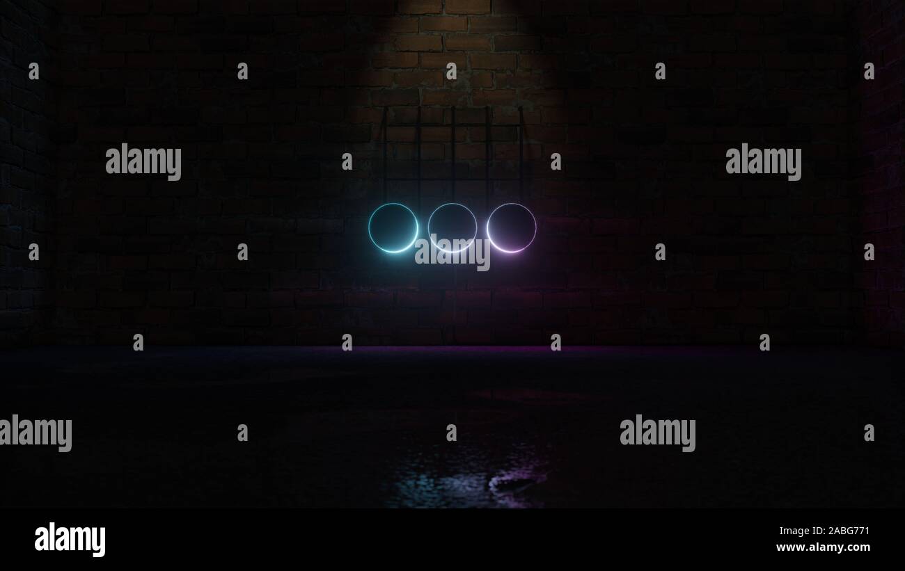 3d Rendering Of Blue Violet Neon Symbol Of Three Dots In Horizontal Position On Dark Brick Wall