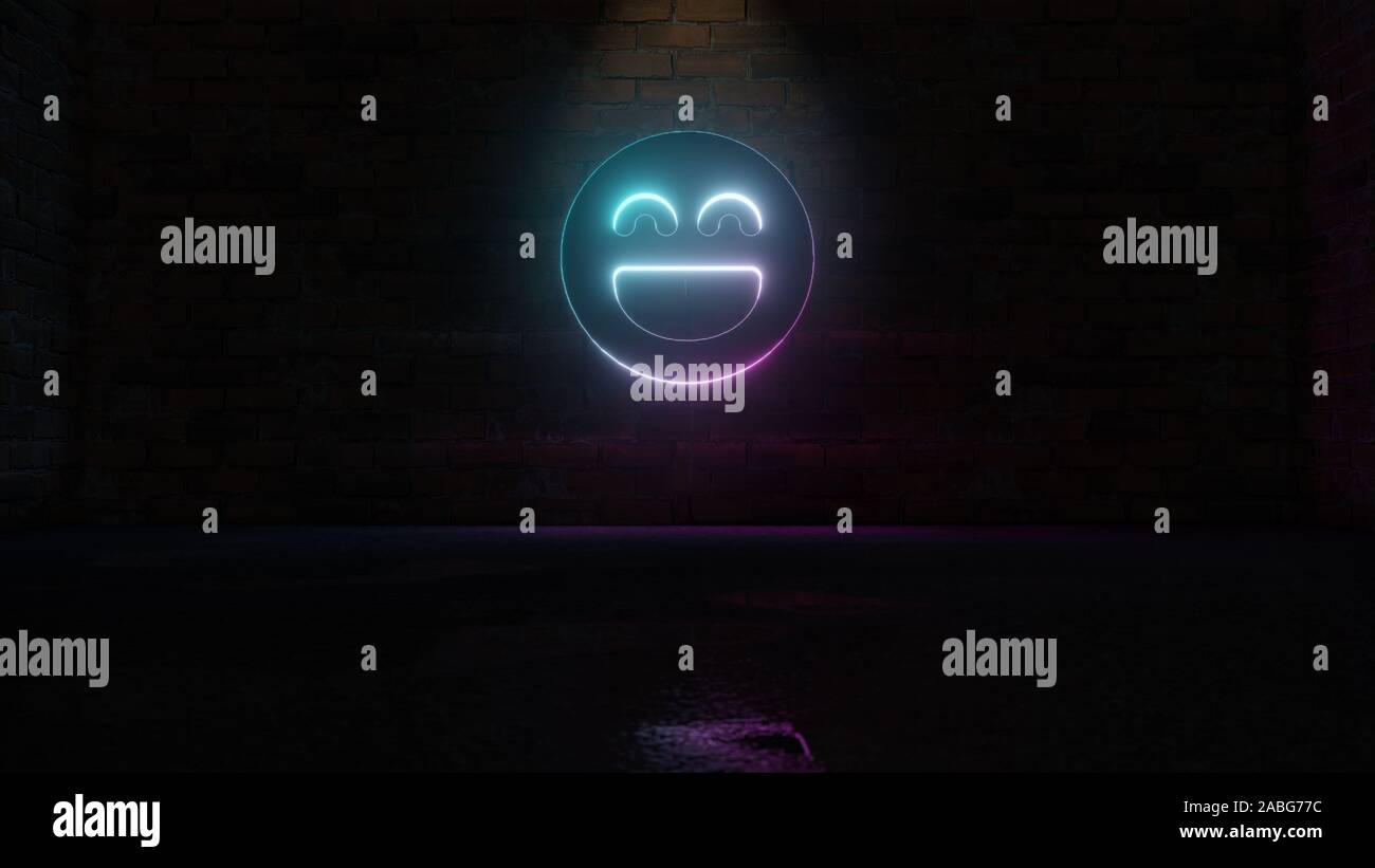 3D rendering of blue violet neon symbol of goofy emoticon on dark brick ...