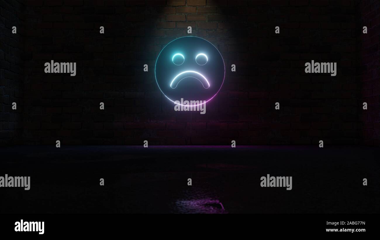 3D rendering of blue violet neon symbol of sad emoticon on dark brick ...