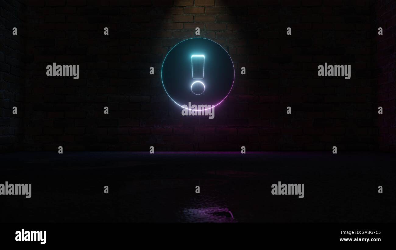 3D rendering of blue violet neon symbol of exclamation symbol in circle ...