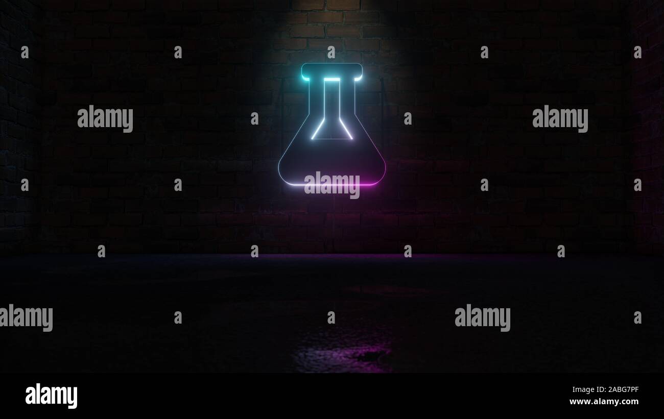 3D rendering of blue violet neon symbol of chemistry flask on dark ...