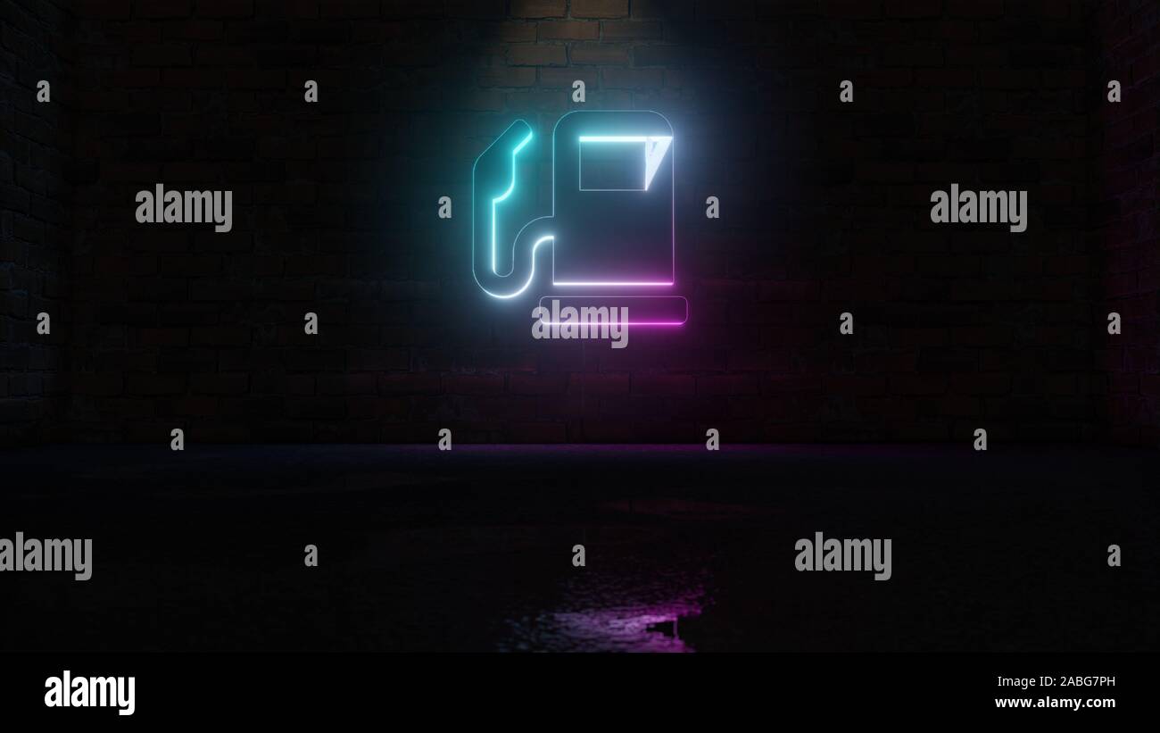 3D rendering of blue violet neon symbol of gas pump station with ...