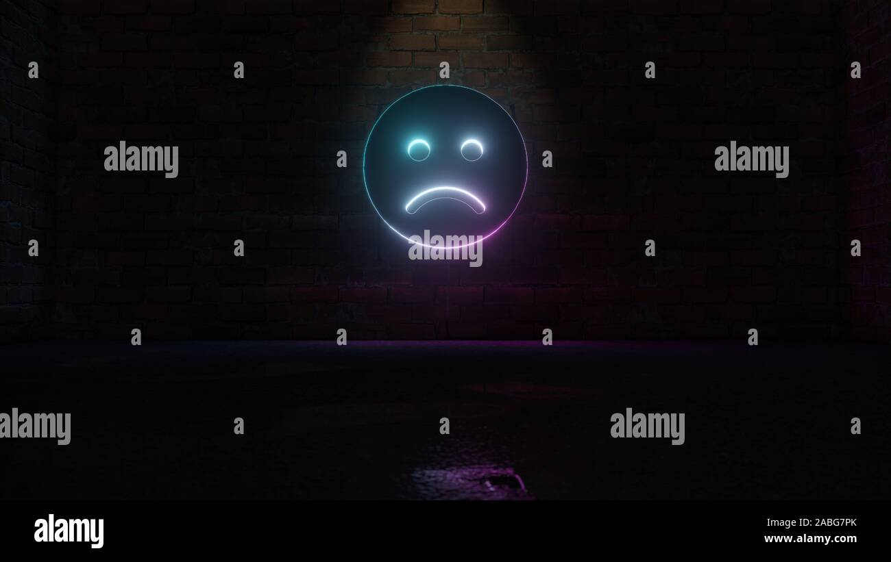 3D rendering of blue violet neon symbol of frown emoticon on dark brick ...