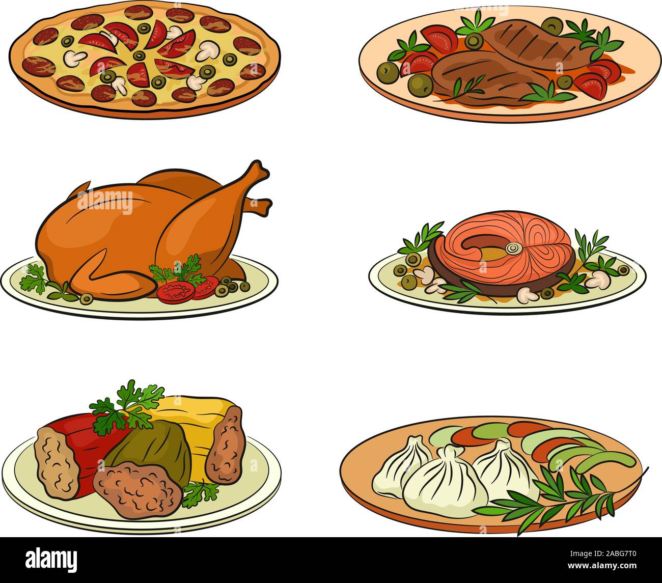 Set of Food Pictograms, Pizza, Steak, Baked Chicken, Fish and More ...