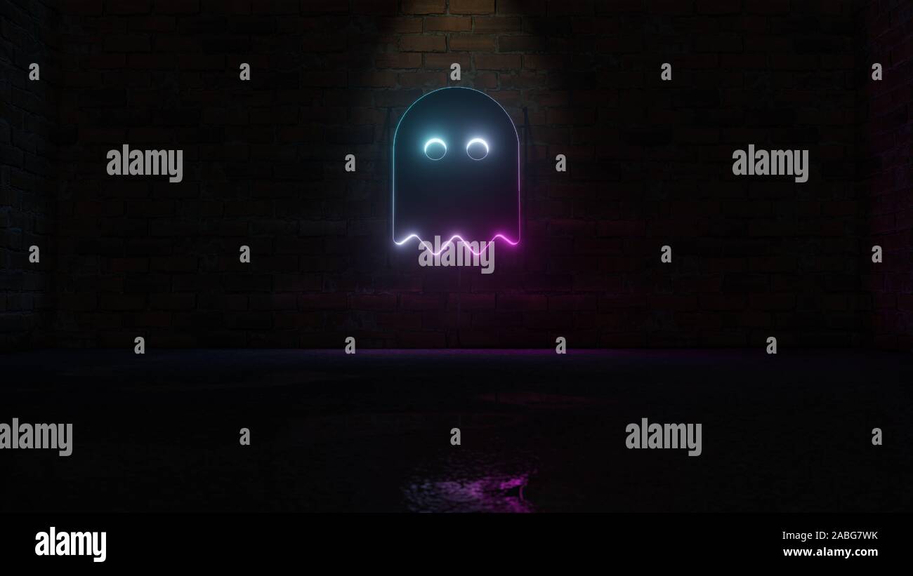 3D rendering of blue violet neon symbol of ghost on dark brick wall ...