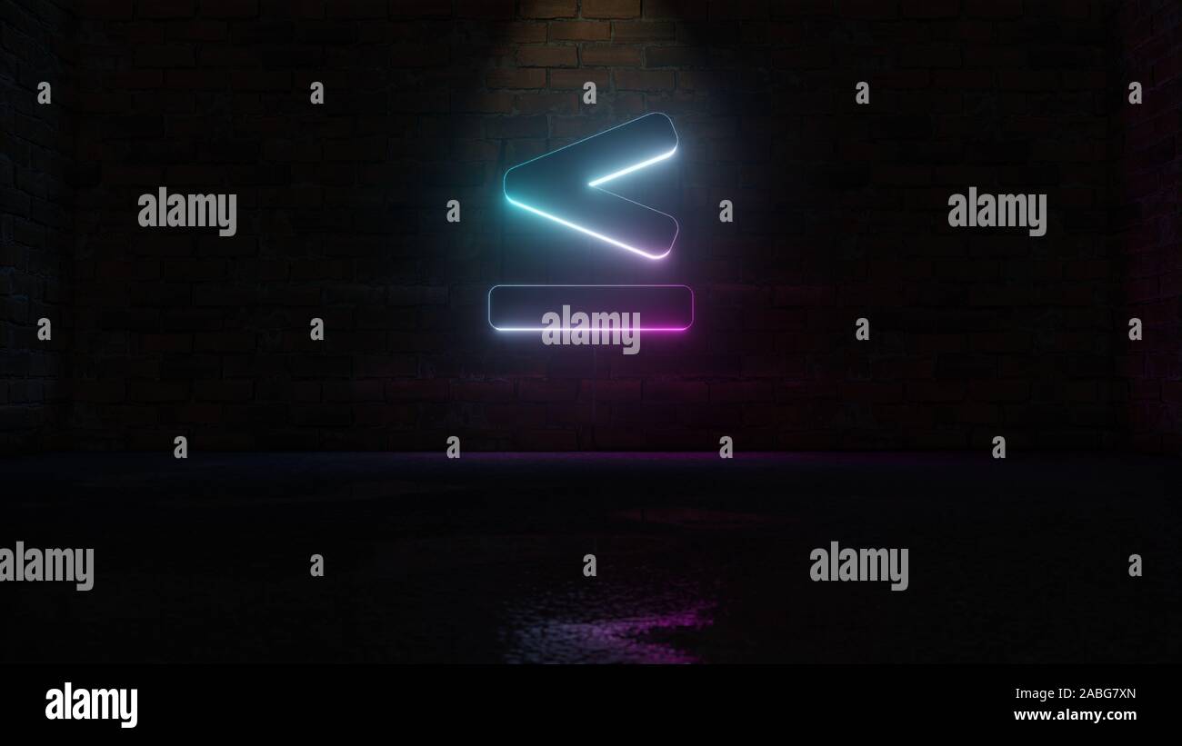 3D rendering of blue violet neon symbol of greater than equal symbol on ...