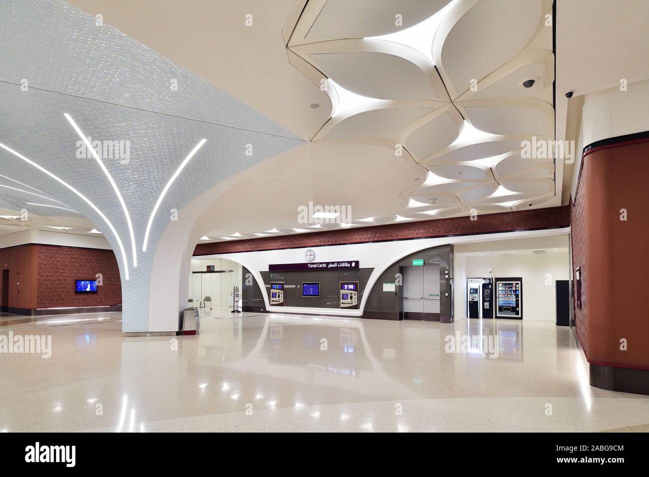 Doha, Qatar - Nov 20. 2019. The interior of Corniche metro station ...