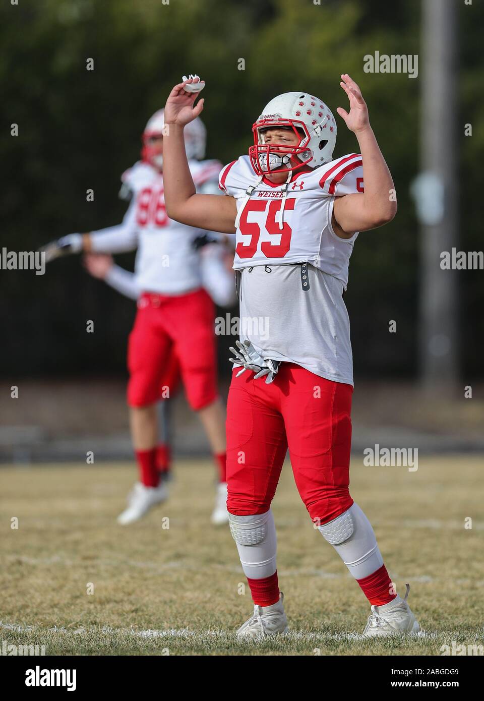 Football action with Weiser vs Timberlake in Spirit Lake, Idaho Stock ...