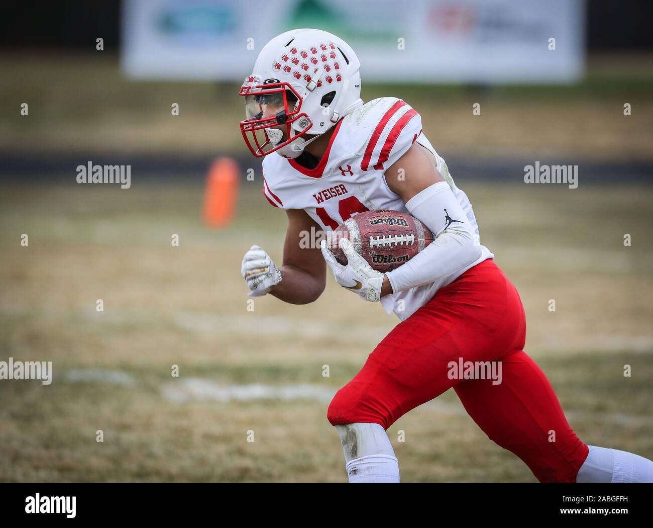 Football action with Weiser vs Timberlake in Spirit Lake, Idaho Stock ...