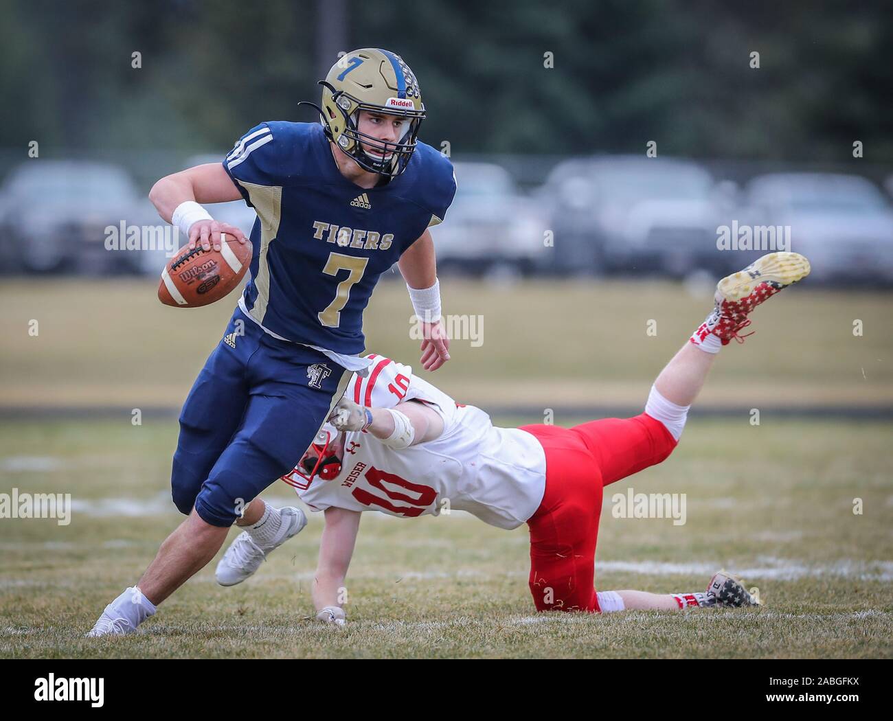 Football action with Weiser vs Timberlake in Spirit Lake, Idaho Stock ...