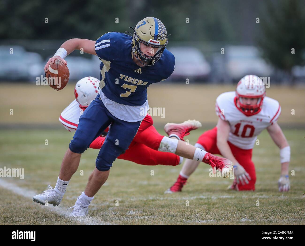 Football action with Weiser vs Timberlake in Spirit Lake, Idaho Stock ...