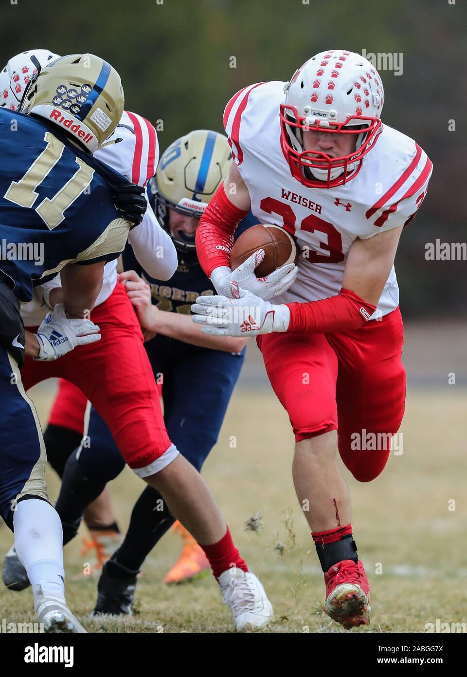Football action with Weiser vs Timberlake in Spirit Lake, Idaho Stock ...
