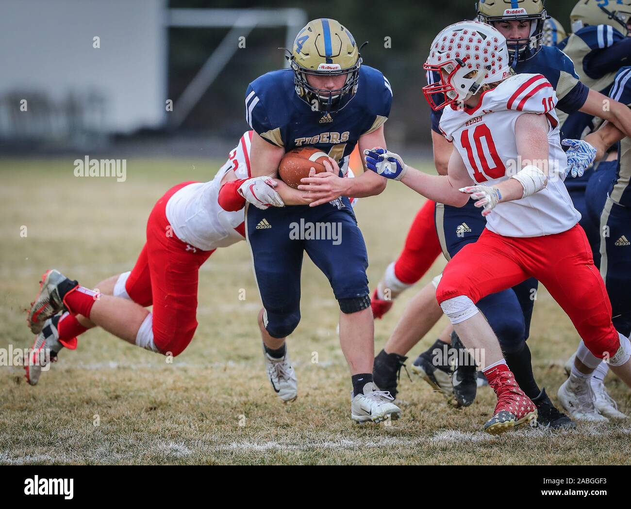Football action with Weiser vs Timberlake in Spirit Lake, Idaho Stock ...