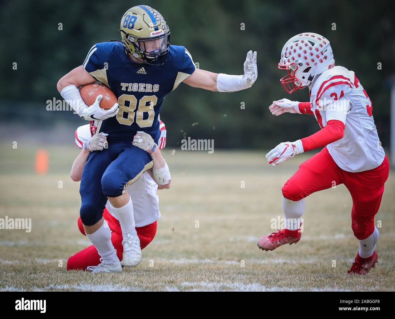 Football action with Weiser vs Timberlake in Spirit Lake, Idaho Stock ...