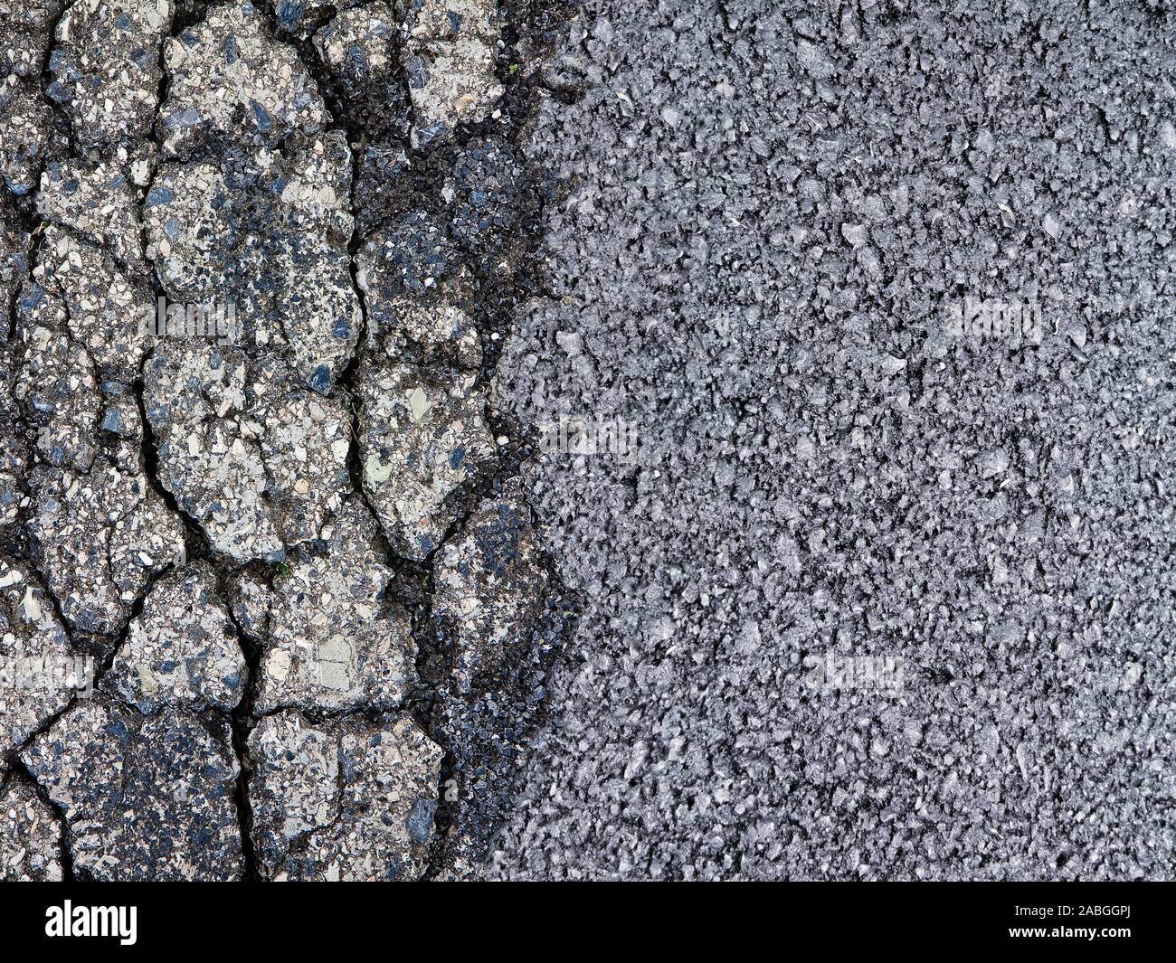 Old damaged cracked asphalt road surface against a new draining asphalt ...