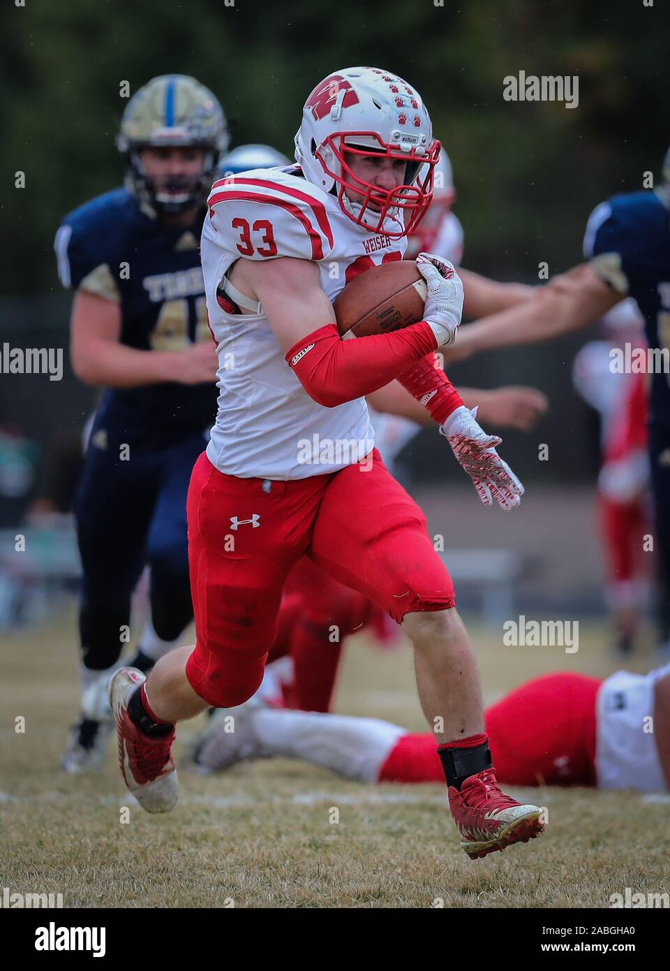 Football action with Weiser vs Timberlake in Spirit Lake, Idaho Stock ...