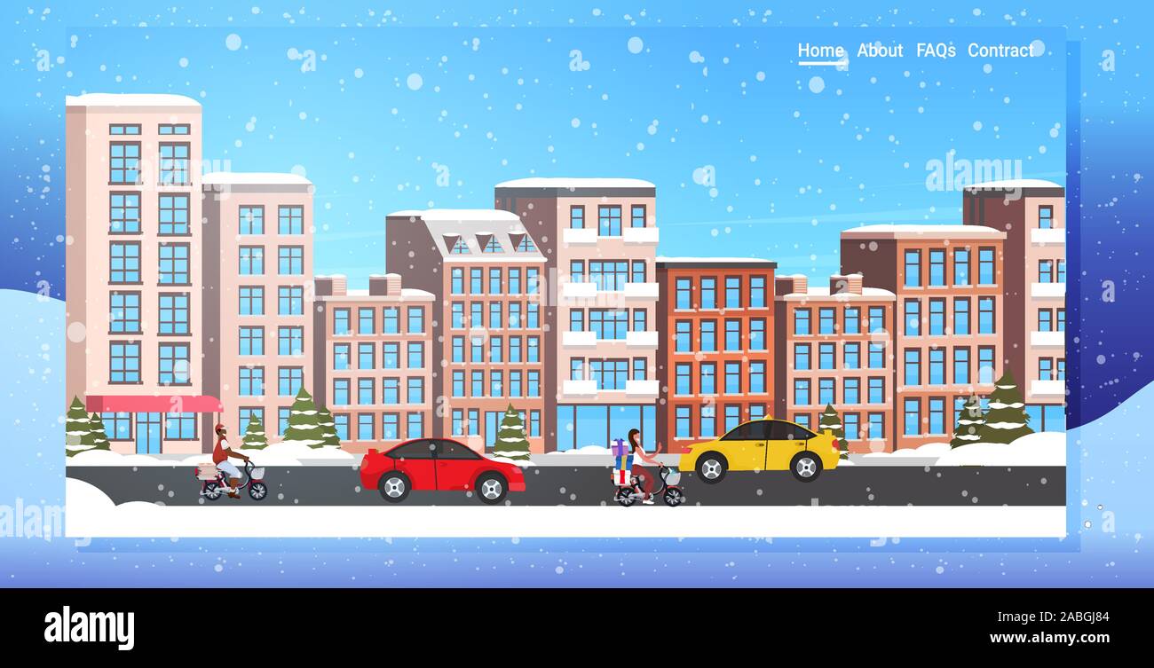 cars and scooters driving asphalt road snowy town street winter city ...