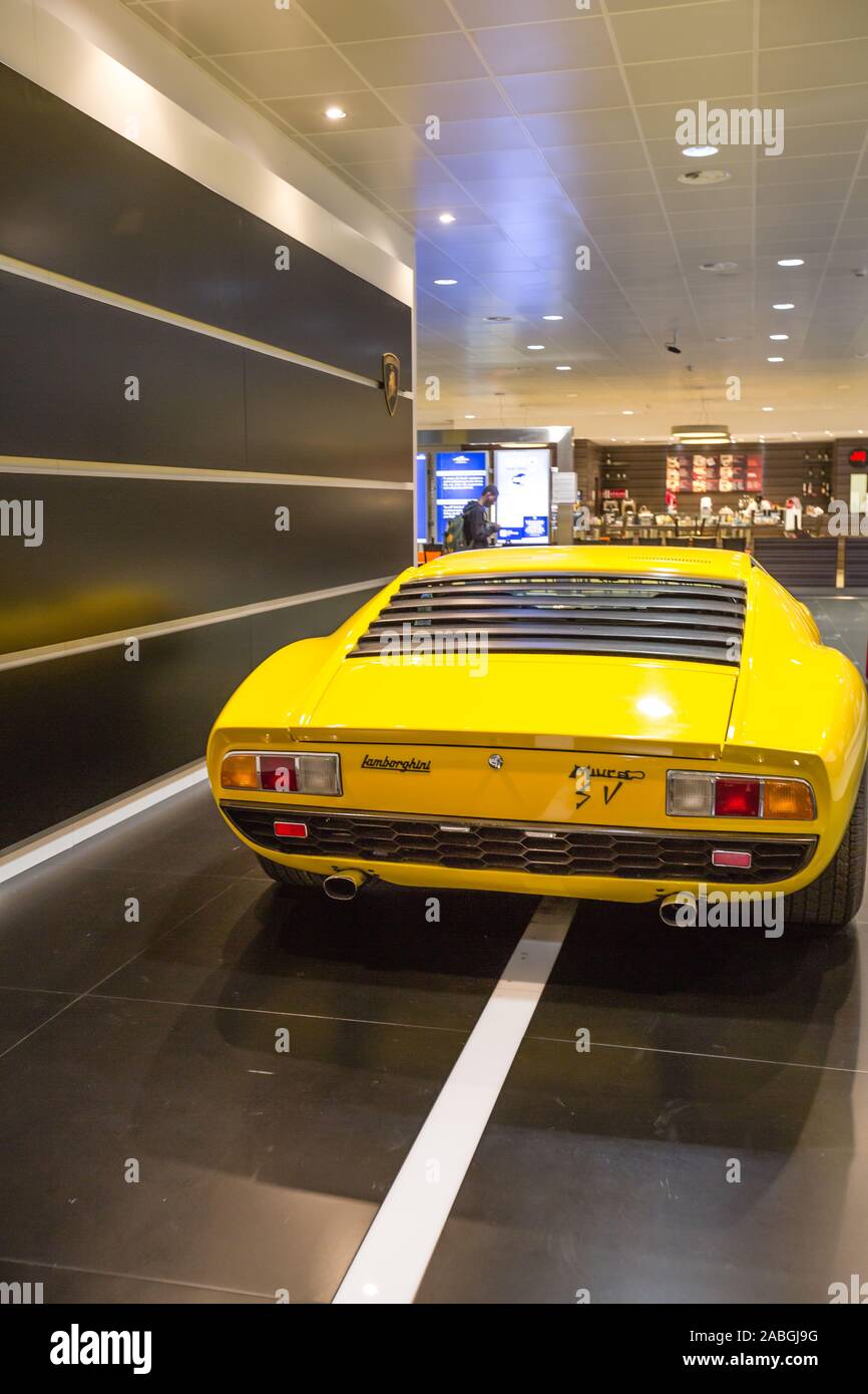 Bologna airport, Italy - June 16, 2014: yellow vintage Lamborghini ...