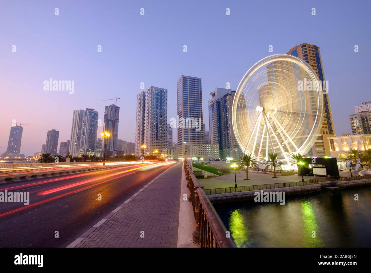 Evening view of Eye of the Emirates ferris wheel at Al Qasba and ...