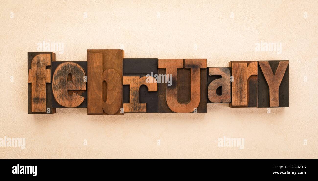 February, name of the month written with vintage letterpress printing ...