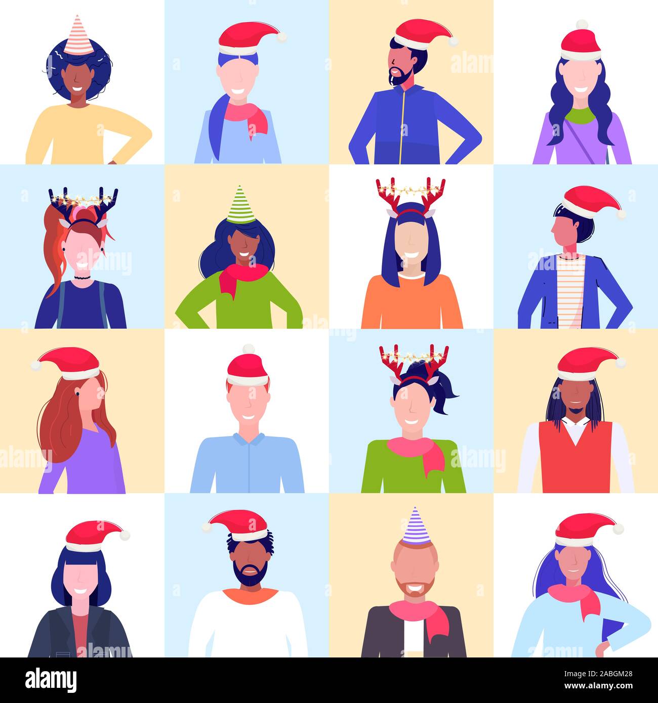 set mix race people wearing santa hats and horns profile icon new year ...