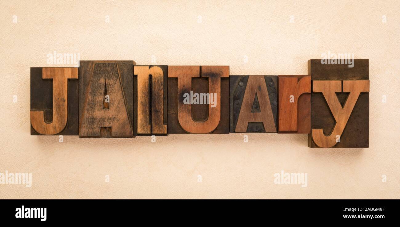 January, name of the month written with vintage letterpress printing ...