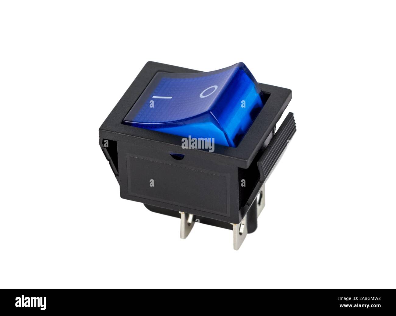 Blue electrical power switch, electronic component, isolated on white ...