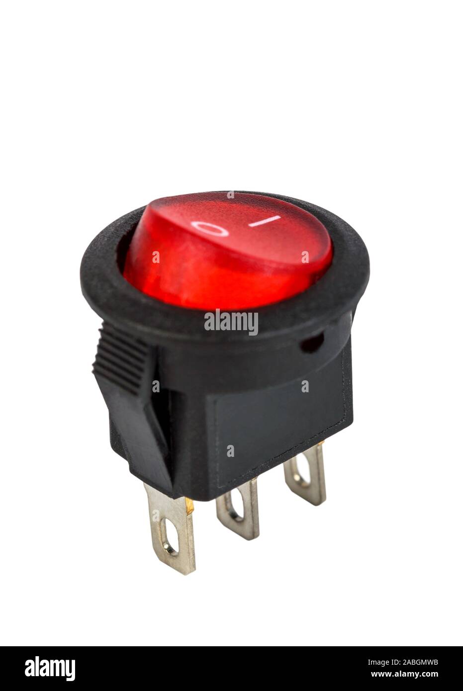 Red electrical power switch, electronic component, isolated on white ...