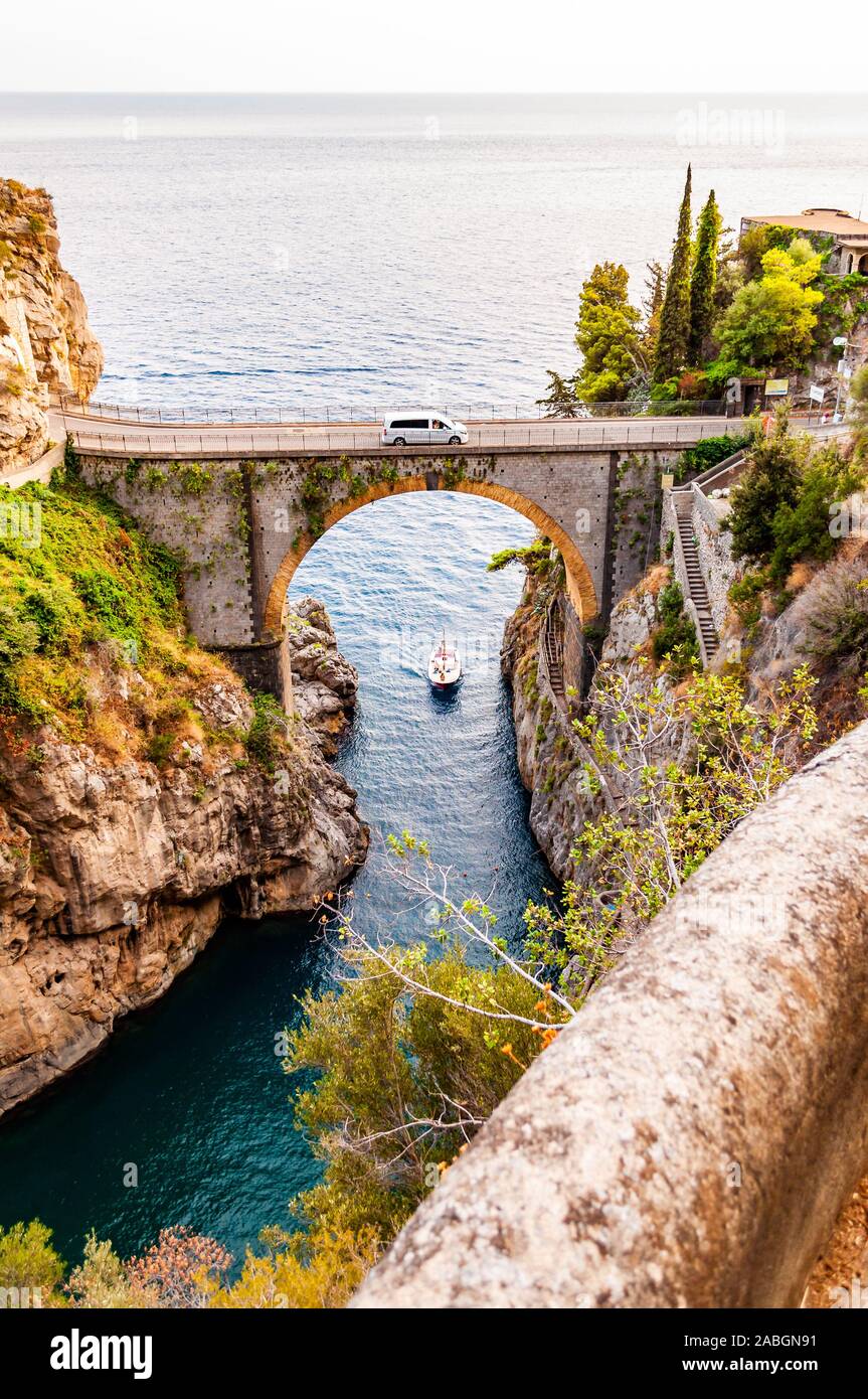 View on Fiordo di Furore arc bridge built between high rocky cliffs ...