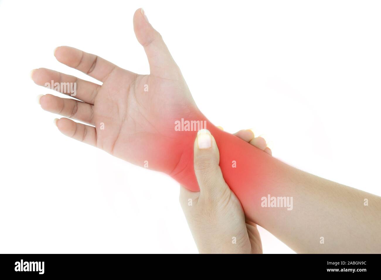 The woman holds on to the sore wrist at white background, Inflamed hand ...