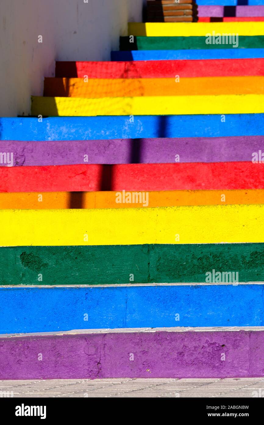 Rainbow coloured steps in the beach resort of Nerja, Axarquia ...