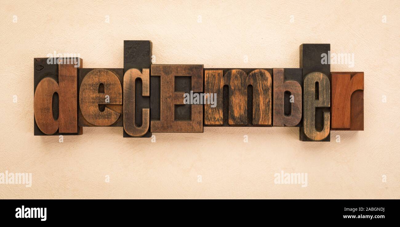 December, name of the month written with vintage letterpress printing ...
