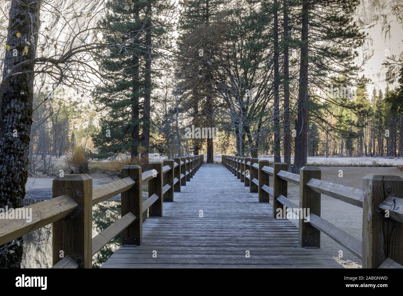The Swinging Bridge crossing the Merced River at Yosemite Valley Stock ...