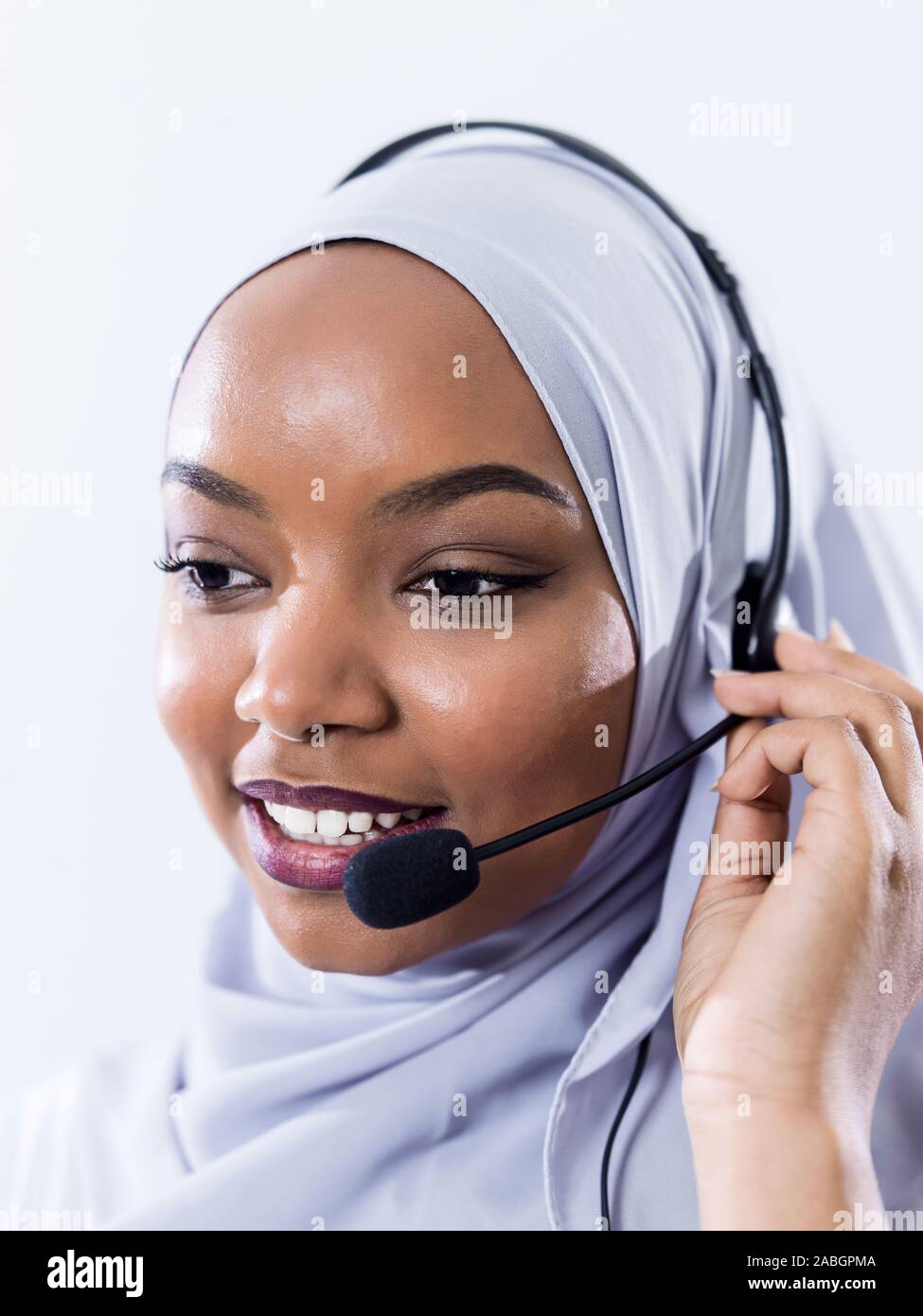 African muslim female with hijab scarf customer representative business ...