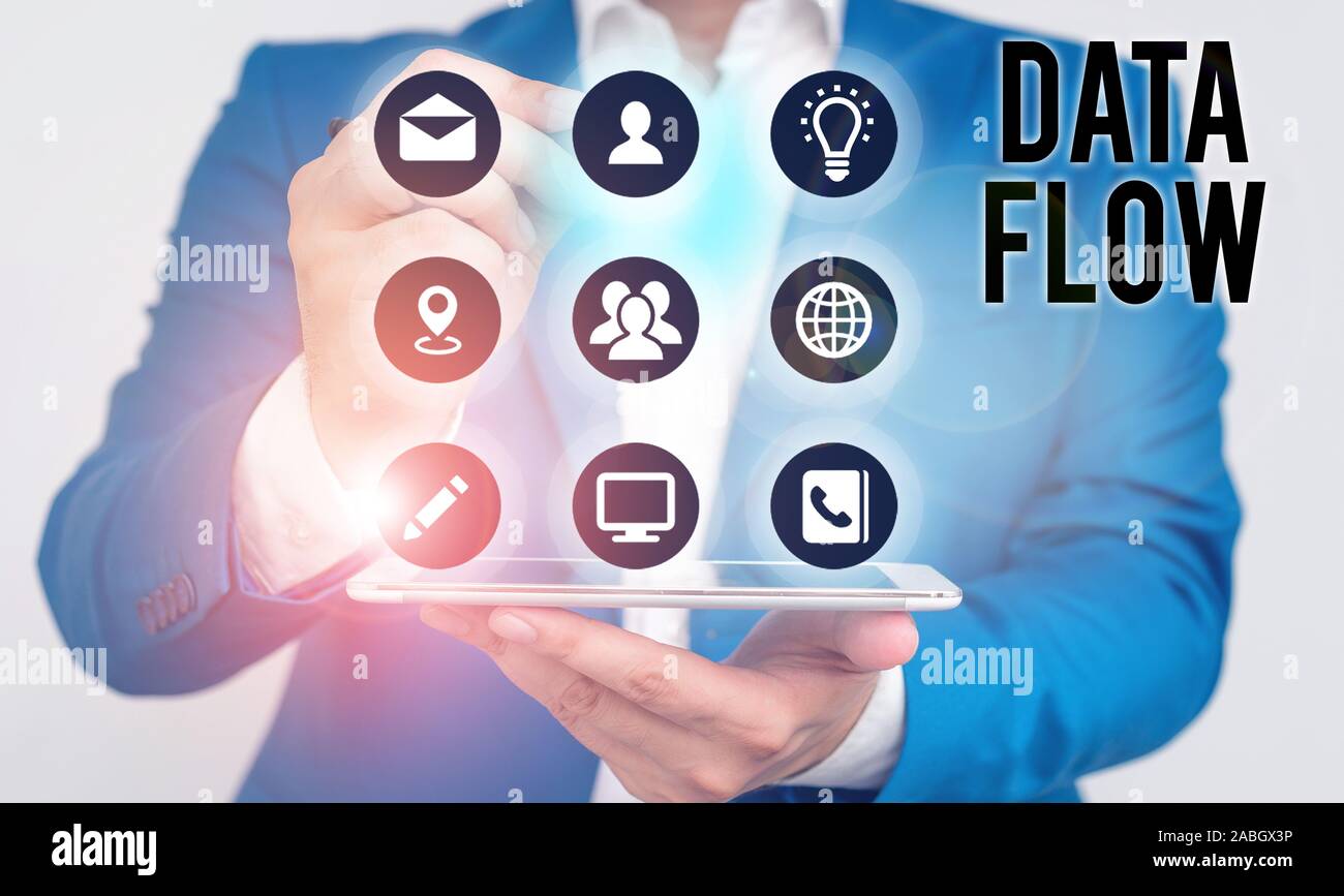 Writing note showing Data Flow. Business concept for the movement of data through a system ...