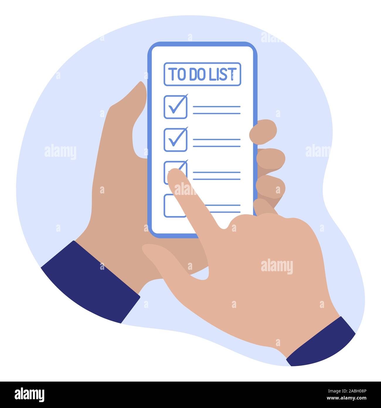 Vector illustration with hand holds smartphone and notes completed ...