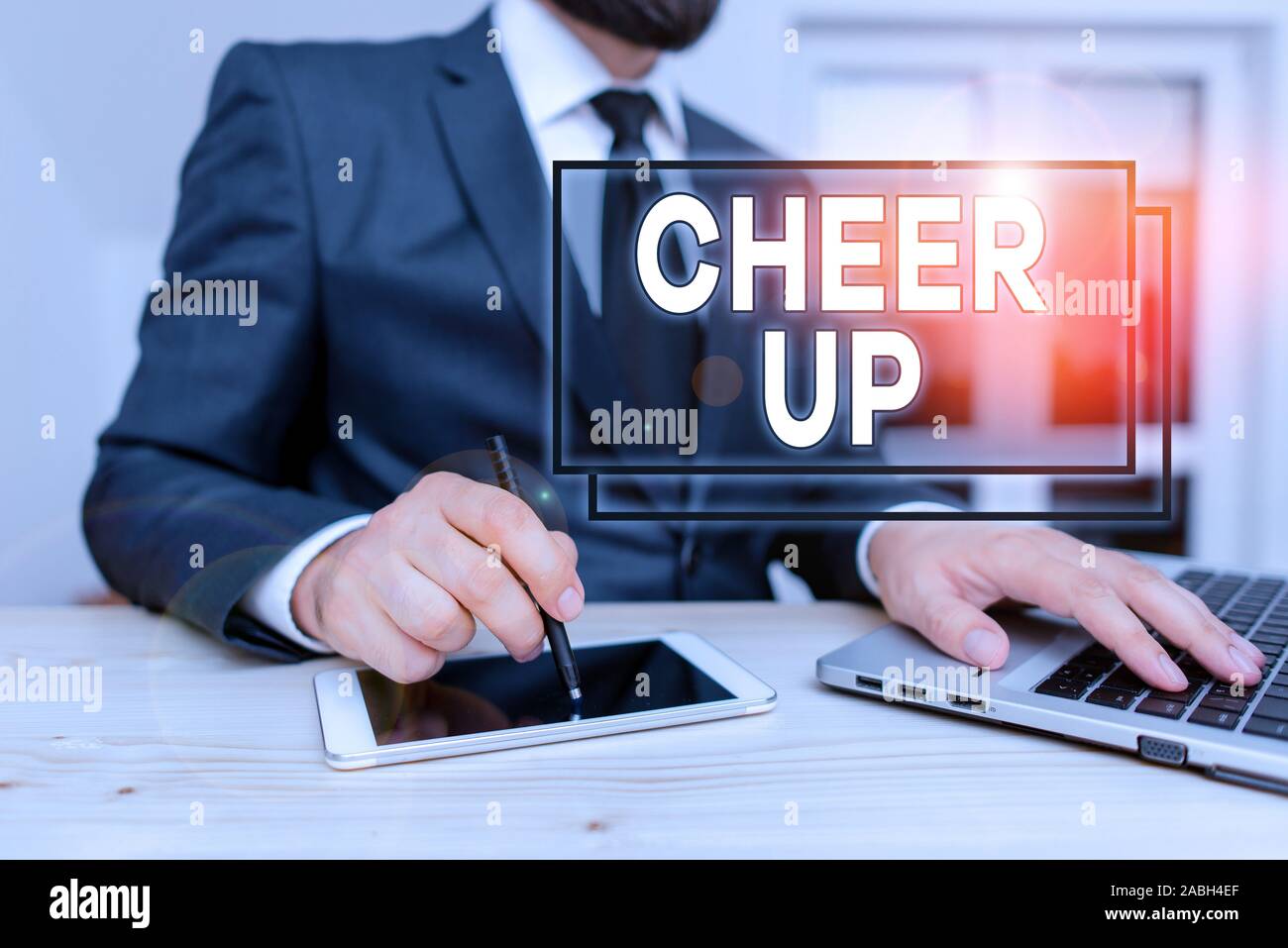 Writing note showing Cheer Up. Business concept for to live every ...