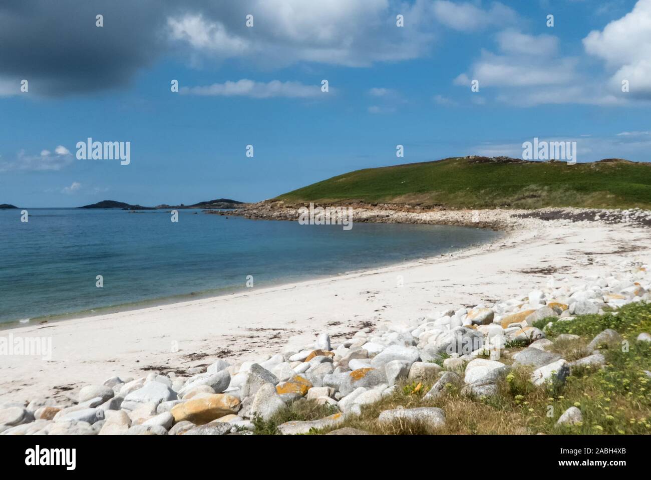 The empty and beautiful beach of West Porth, on the uninhabited island ...