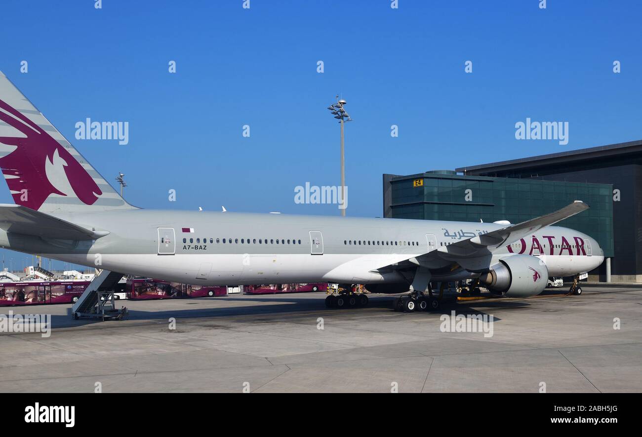 Doha, Qatar - Nov 17. 2019. Boeing 777-300 Qatar Airways in the airport ...