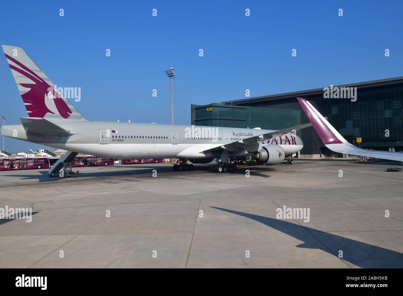 Doha, Qatar - Nov 17. 2019. Boeing 777-300 Qatar Airways in the airport ...
