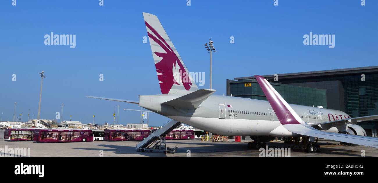 Doha, Qatar - Nov 17. 2019. Boeing 777-300 Qatar Airways in the airport ...