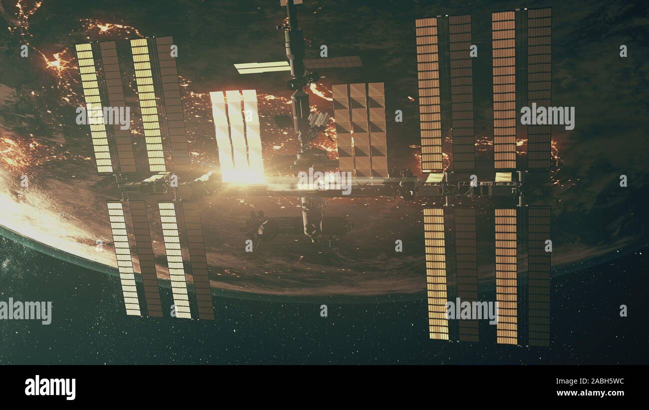 ISS with solar panel flying over Earth atmosphere. International Space ...