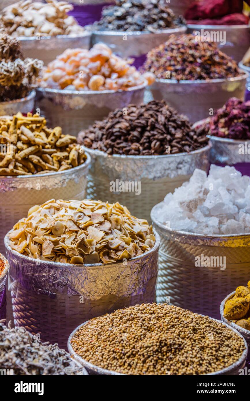 Variety of spices and herbs on the arab street market stall. Dubai ...