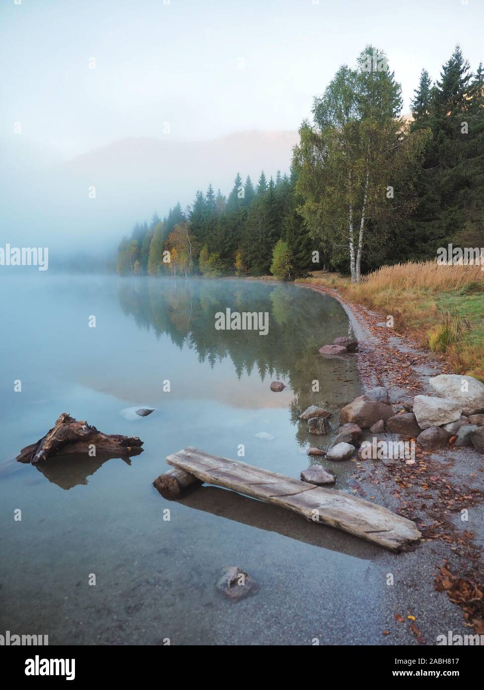 Autumn landscape in the mountains with trees reflecting in the water at ...