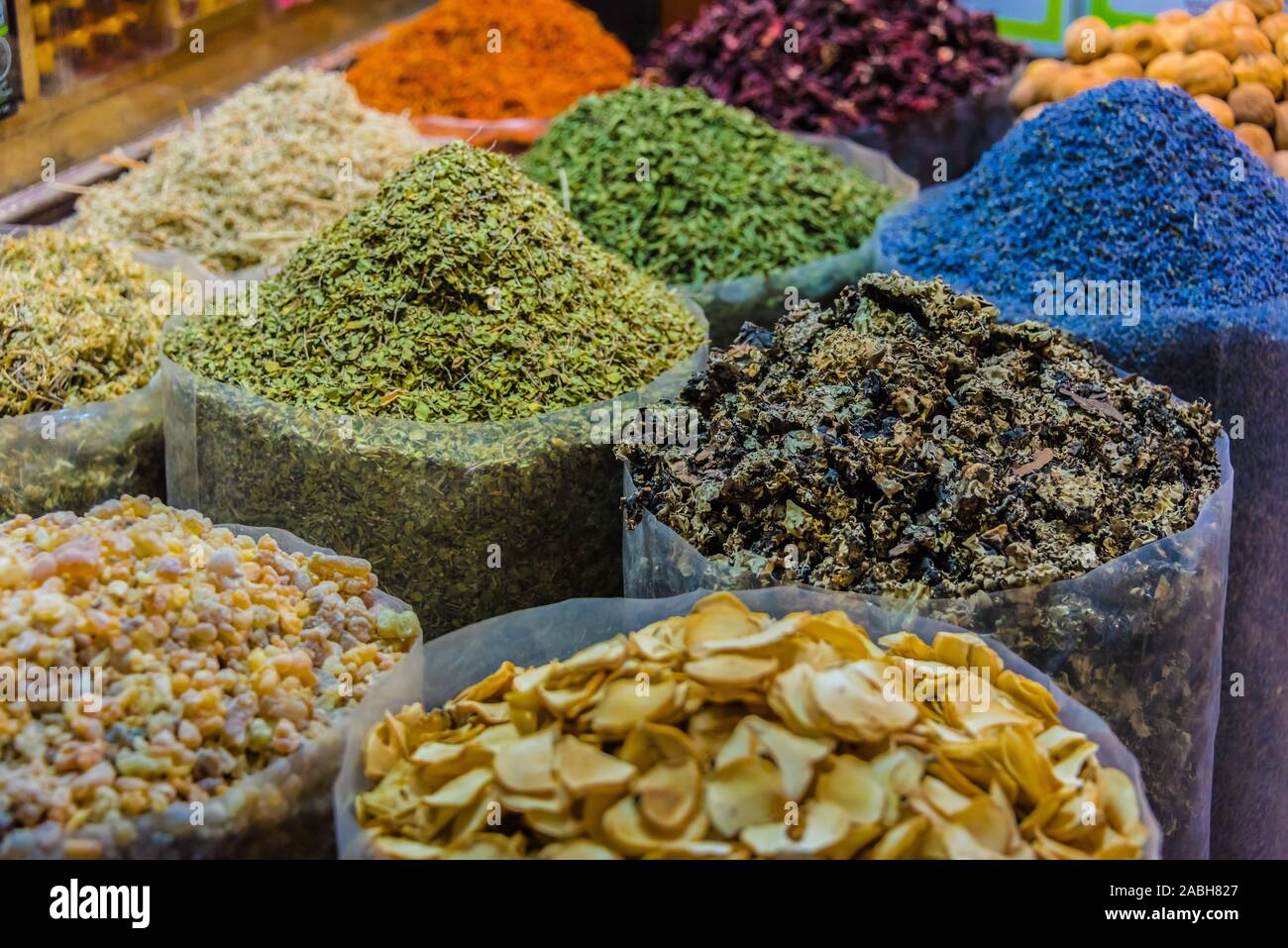 Variety of spices and herbs on the arab street market stall. Dubai ...