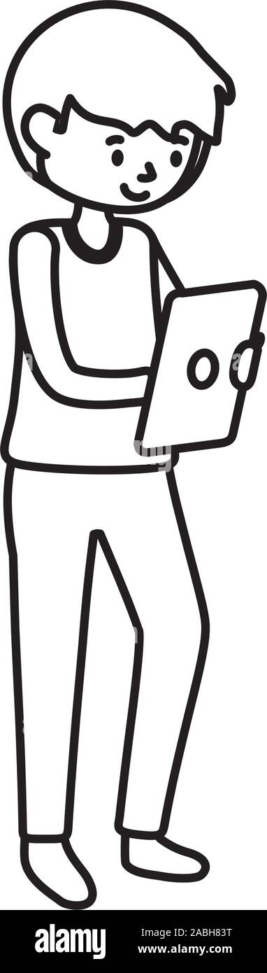 young man student using tablet computer learning online vector illustration thick line Stock ...