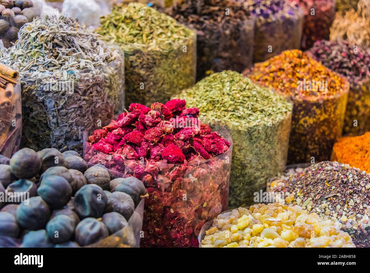 Variety of spices and herbs on the arab street market stall. Dubai ...