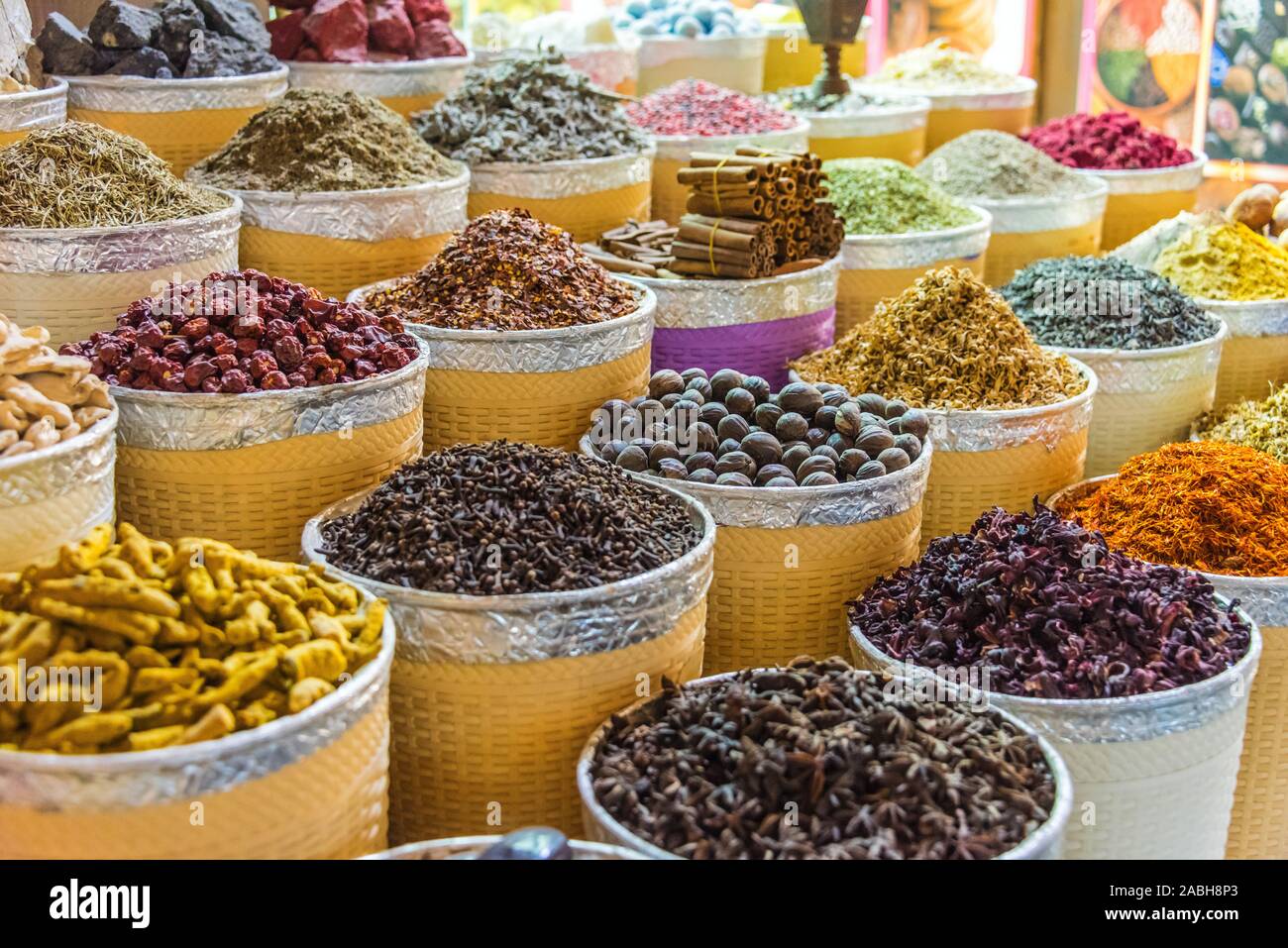 Variety of spices and herbs on the arab street market stall. Dubai ...